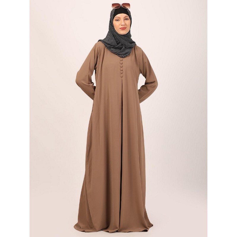 Abaya-Box pleated coat sleeves Beige abaya at shiddat.com
