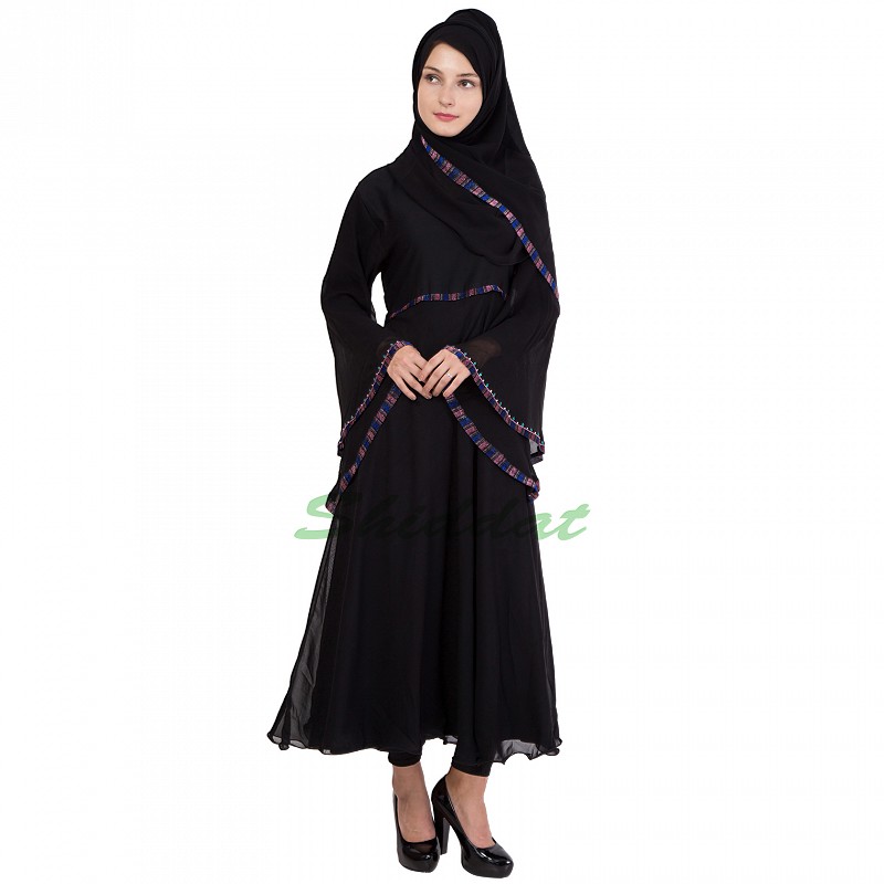 Buy double layered maxi dress abaya with patti and stone embellishments