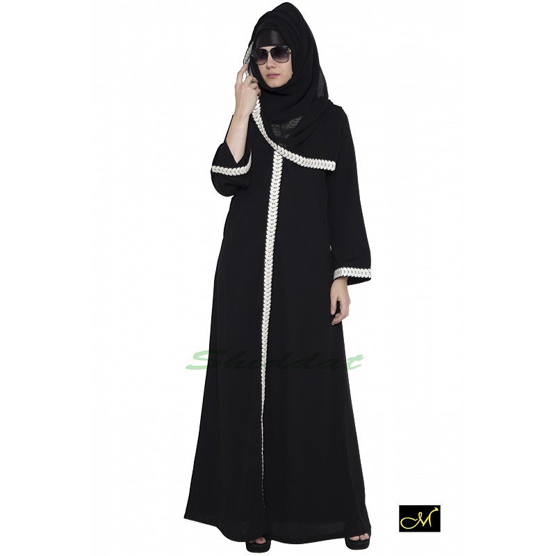 Front open abaya in Black with white Lace online in India