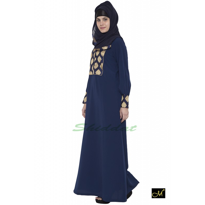 Navy blue colored abaya with printed cuff sleeves online in India