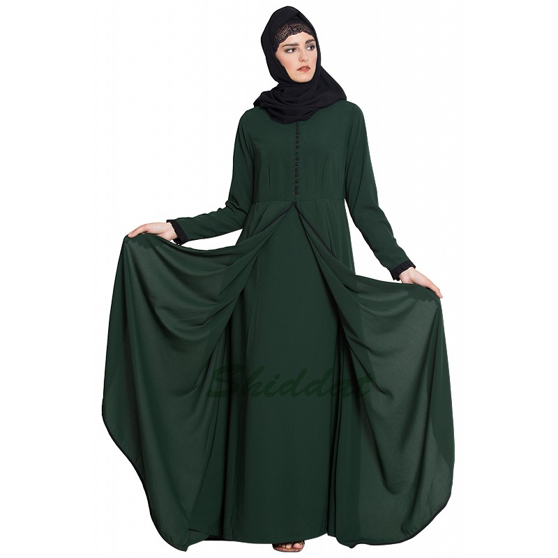 Abaya online- Buy dark green frilled abaya made from Nida Matt fabric.