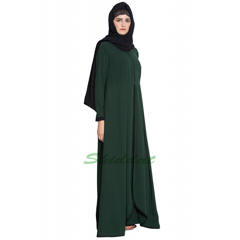 Abaya online- Buy dark green frilled abaya made from Nida Matt fabric.