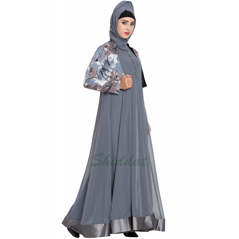 Party wear abaya- Designer double layered abaya with a mini jacket at w...