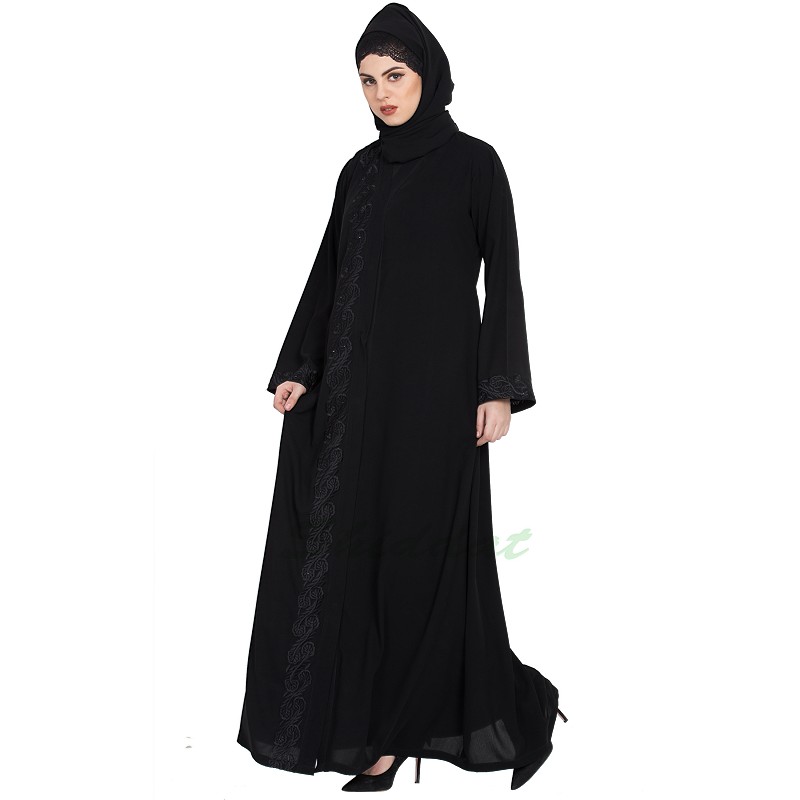Front open abaya- Designer embroidered abaya with stonework at www.shid...