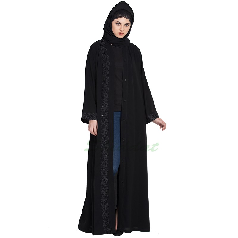 Front open abaya- Designer embroidered abaya with stonework at www.shid...