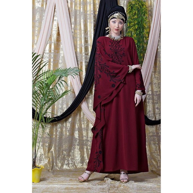 Abaya-Buy maroon Embroidered butterfly sleeves abaya at shiddat.com