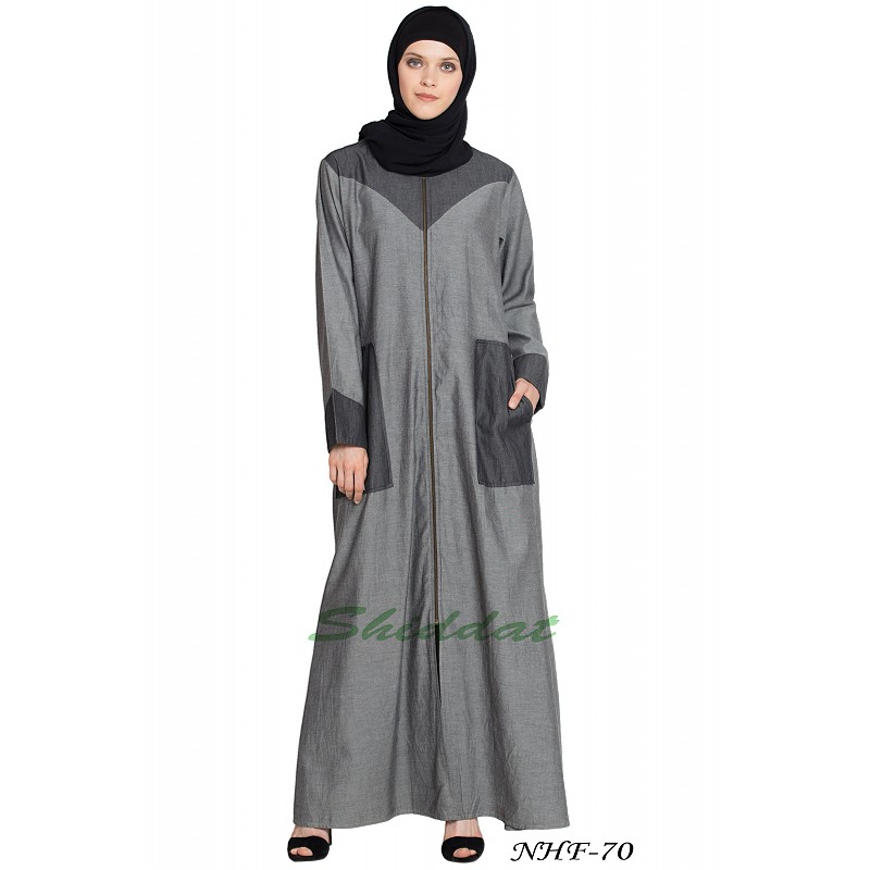 Denim Abaya online in India- Contrast Yoke pocket cuff Grey Black Denim...
