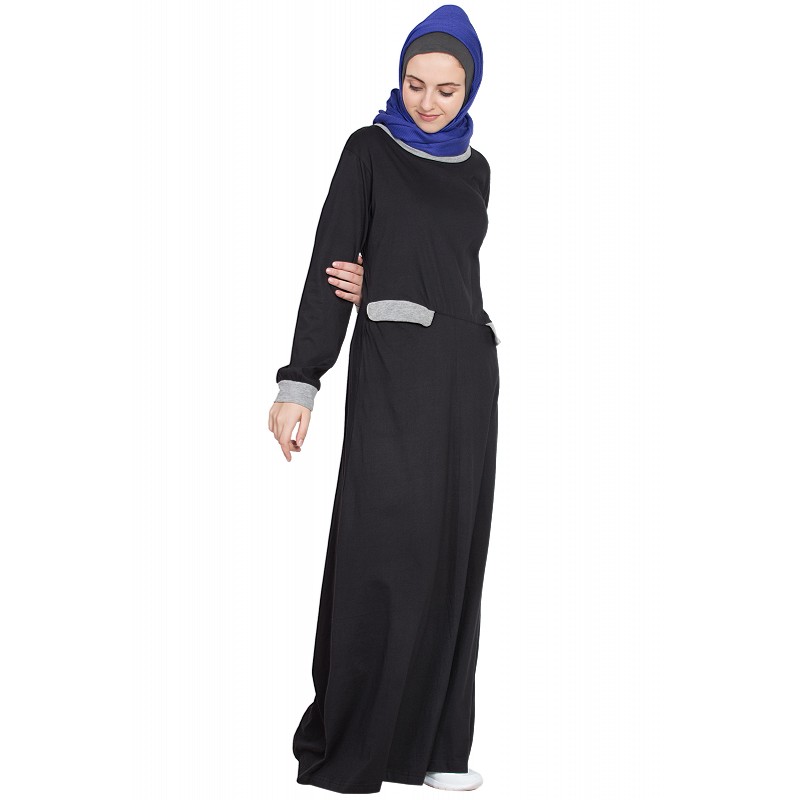 Sports Abaya online in India- Slant cut at waist Black Grey Travel Abaya