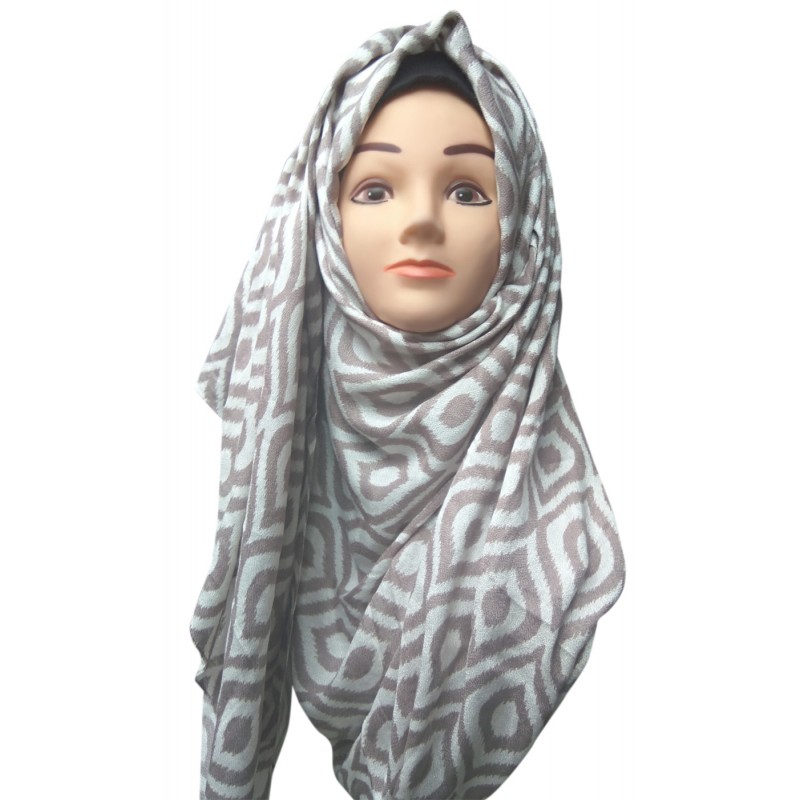 Hijab online- Light Gray color printed Hijab with multiple line at shid...