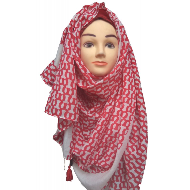 Hijab online- Red Color printed hijab with multiple line at shiddat.com