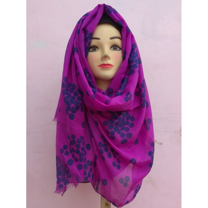 Hijab online- Purple Polka Dotted Cotton Stole with multiple line at s...