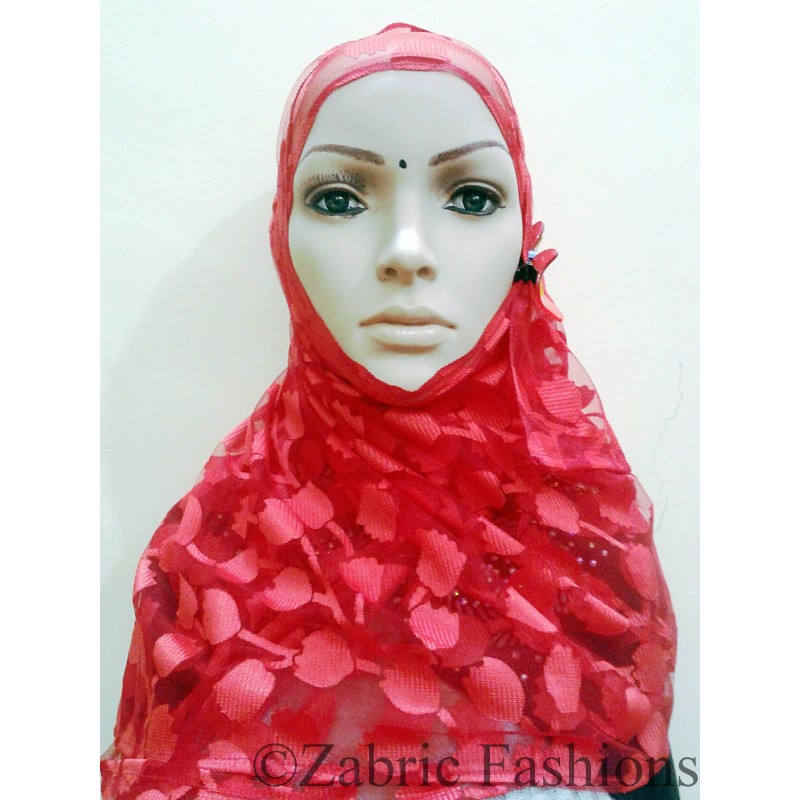 Hijab online- Buy Red Designer Net hijab with Cap| Shiddat