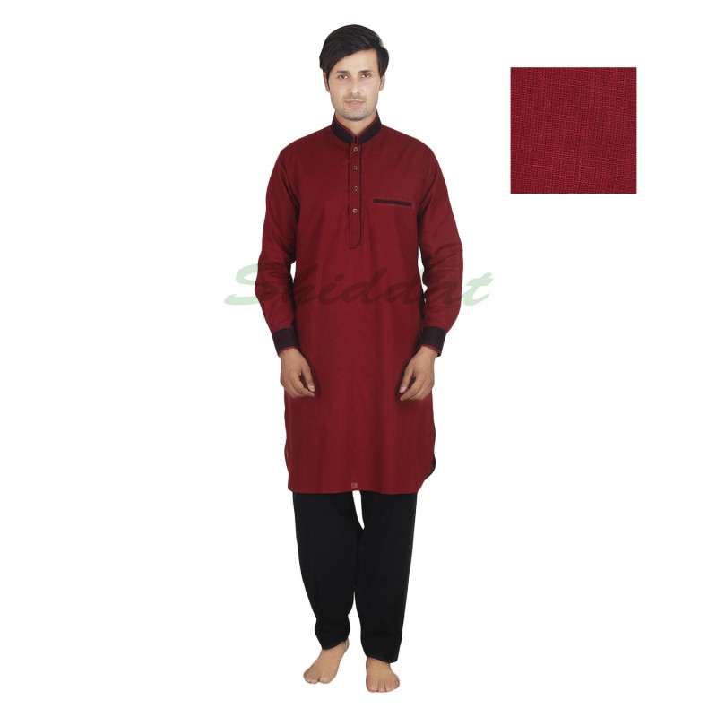 Pathani suit online- Maroon colored kurta | Black pajama | Cotton linen