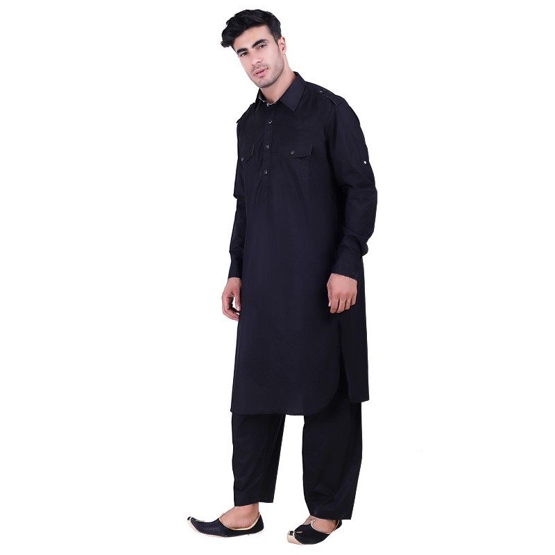 Black Pathani suit for men- Khan dress with regular collar at www.shidd...