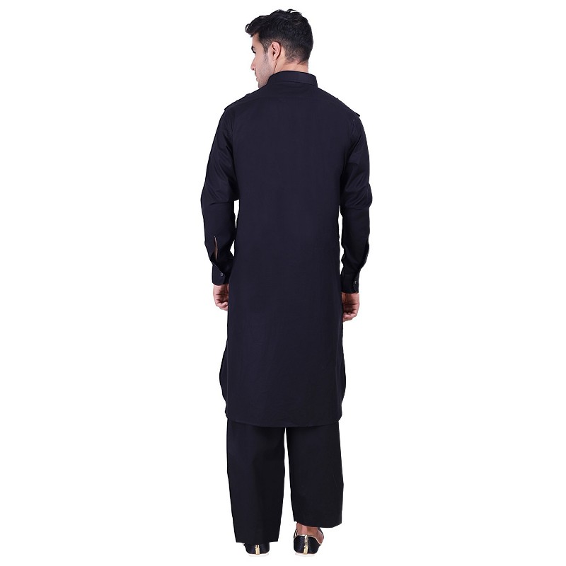 Black Pathani suit for men- Khan dress with regular collar at www.shidd...