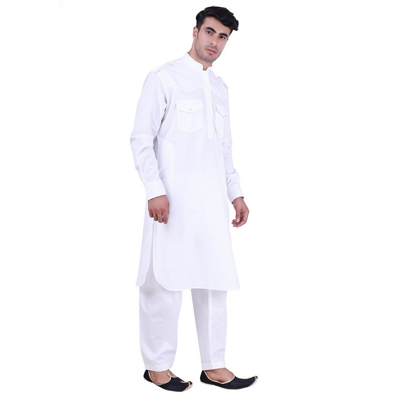 Whit cotton Pathani Suit with mandarin collar for men at shiddat.com