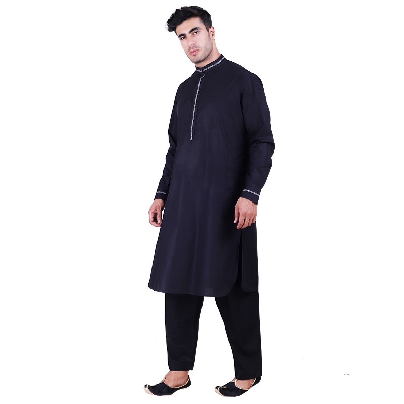 Black Cotton Pathani Suit with mandarin collar for men online at shidda...