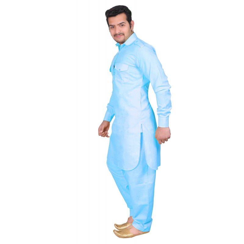 Pathani kurta pajama with chinese neck in Sky Blue