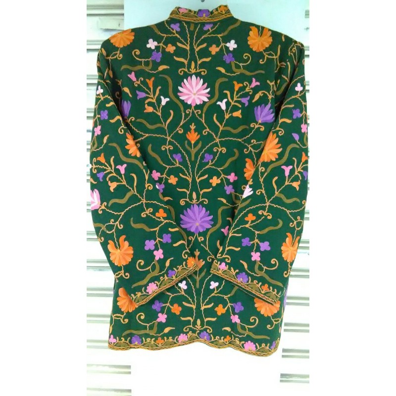 Kashmiri Woolen Jacket- Green Color with embroidery work